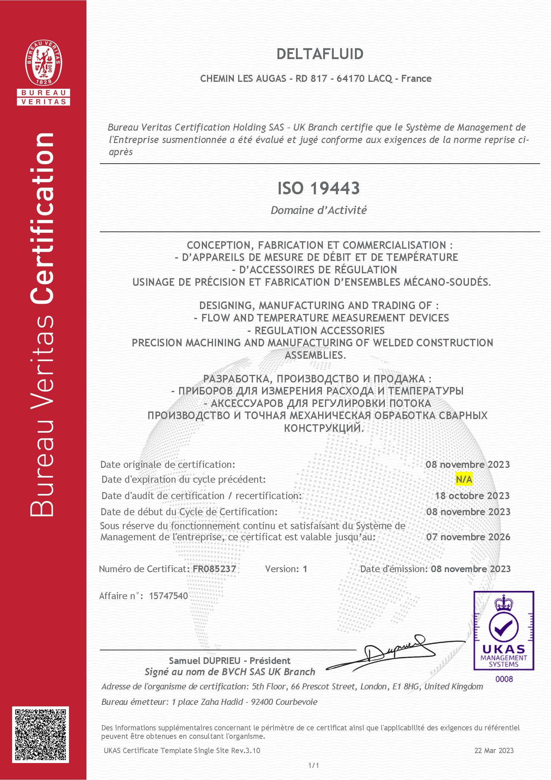 Certification ISO 19443 | Deltafluid